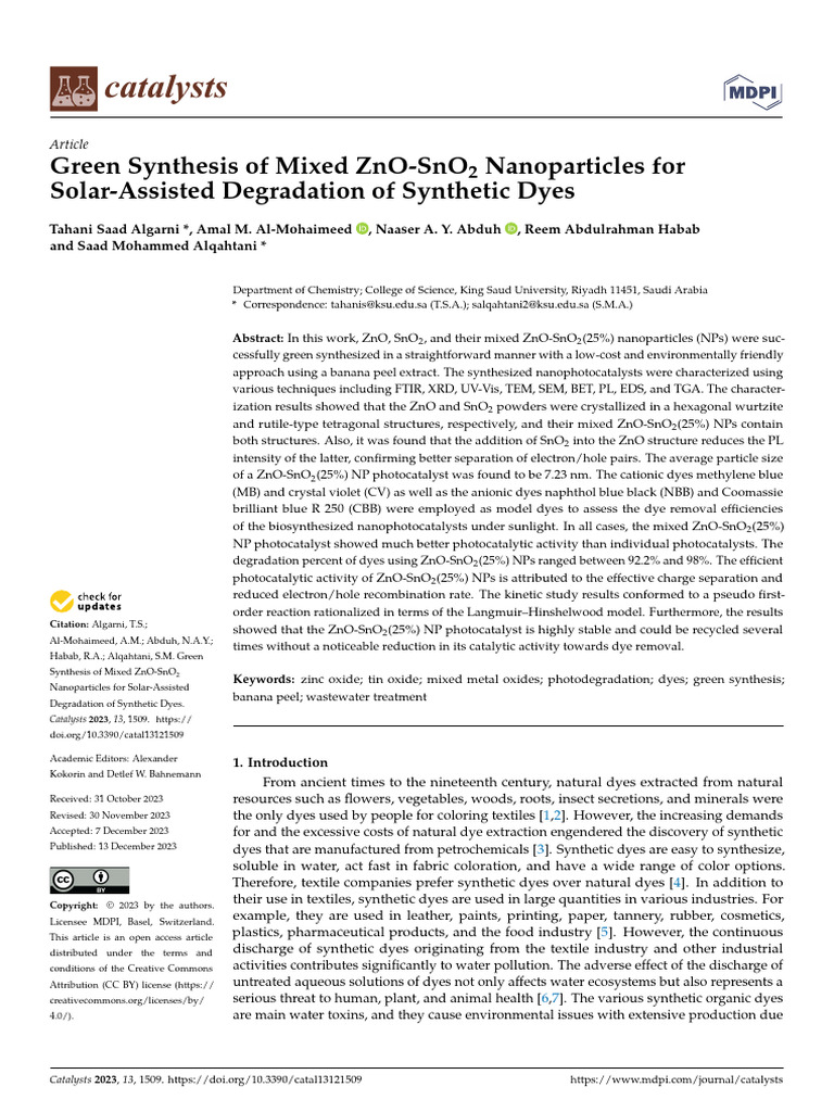 Green Synthesis of Mixed ZnO-SnO2 Nanoparticles Fo | PDF | Dye | Textiles