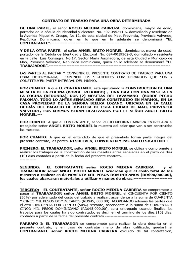 Contrato de Trabajo para Una Obra Determinada | PDF | República Dominicana