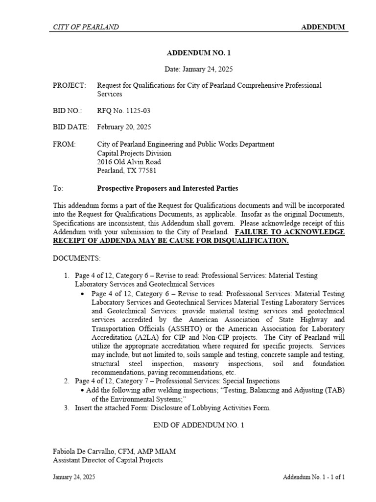Pearland RFQ Addendum No. 1 Details | PDF | Administration Of Federal Assistance In The United ...