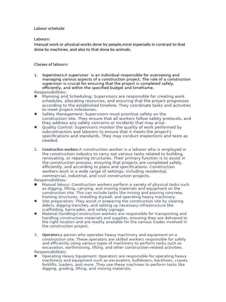 Labour Schelude | PDF | Heavy Equipment | Mechanical Engineering