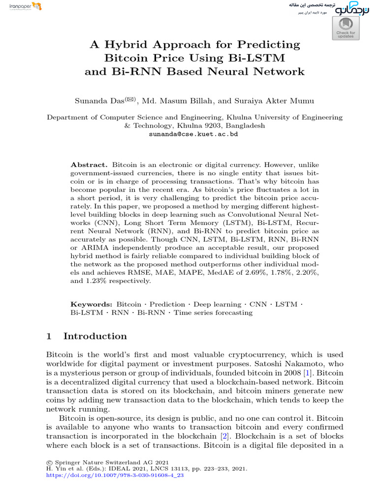 A Hybrid Approach For Predicting Bitcoin Price Using Bi-LSTM and Bi-RNN Based Neural Network ...