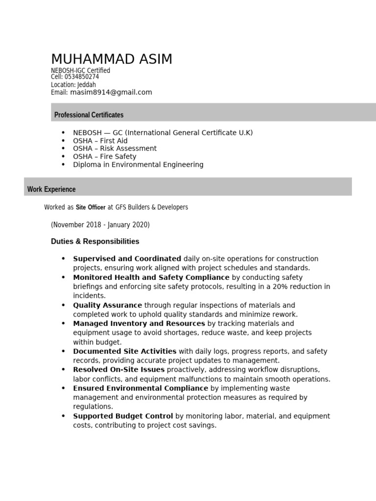 MUHAMMAD ASIM resum | PDF | Occupational Safety And Health Administration | Safety