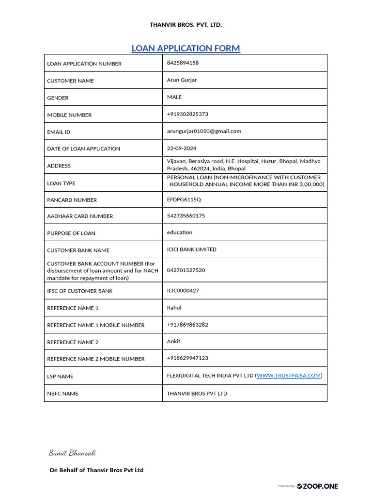 Loan Application Form: Thanvir Bros. Pvt. LTD | PDF | Loans | Annual ...