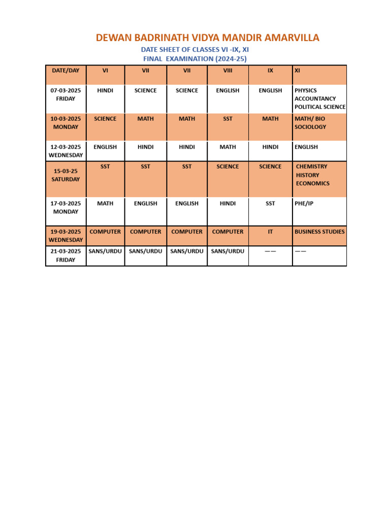 Final Exam Datesheet 6th 9th 11th Pdf