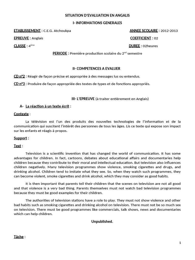 1er Devoir 4èmes 2nd Semestre 2013 | PDF | Semantic Units | Language ...