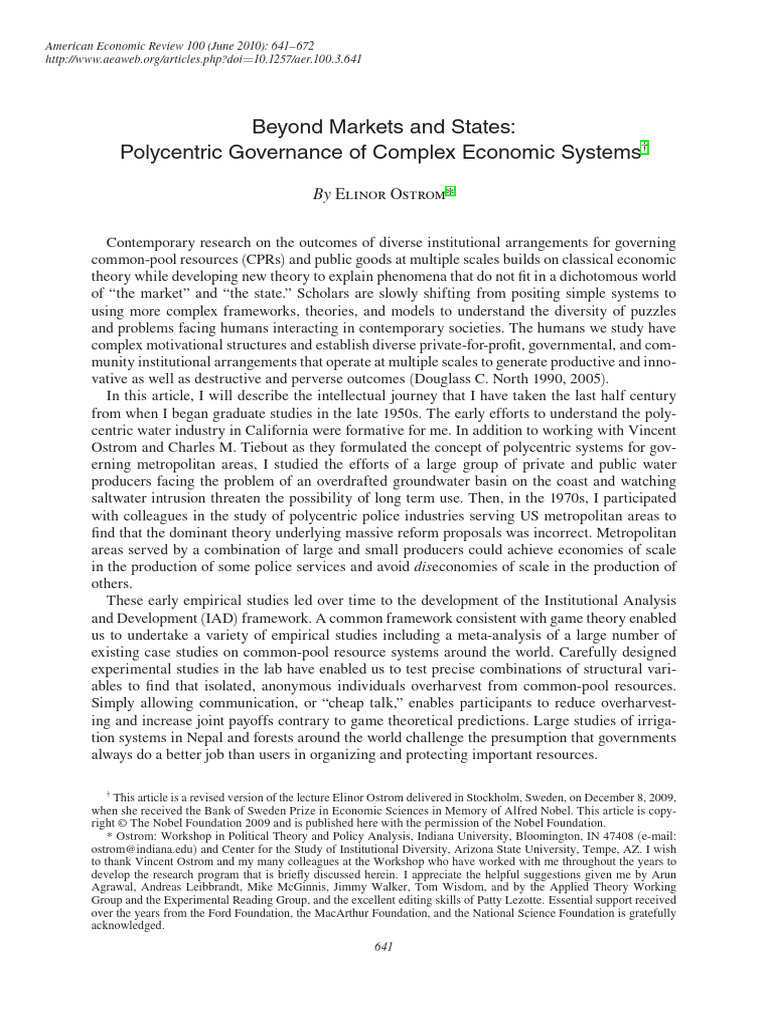 Elinor Ostrom (2010) | PDF | Goods | Rationality