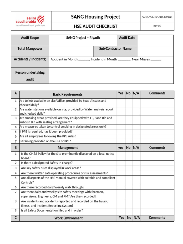SANG-SSA-HSE-FOR-000096 Rev 05 - HSE AUDIT CHECKLIST | PDF ...