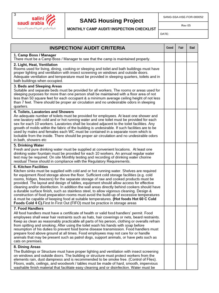 SANG-SSA-HSE-For-000052 Rev 05 - Monthly Camp Inspection Checklist ...