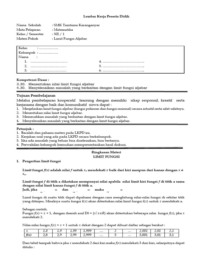 LKPD Pengertian Limit Fungsi | PDF