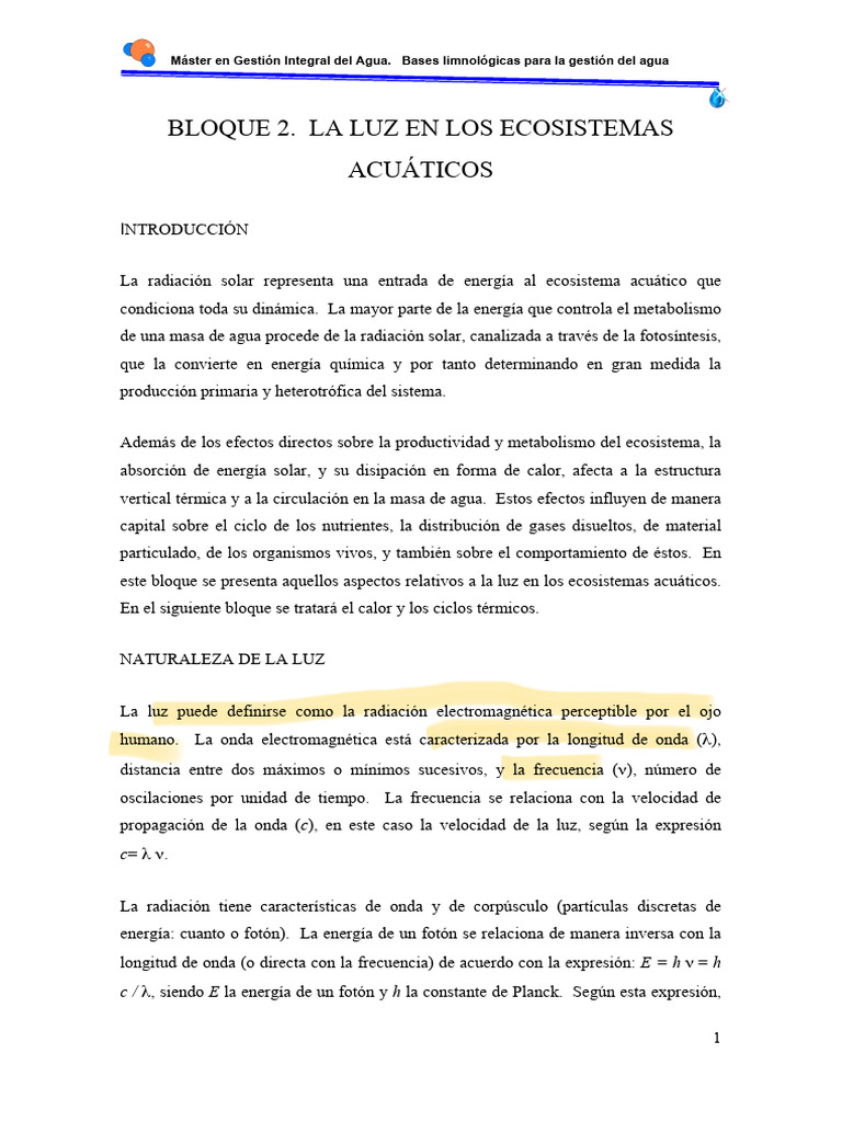 Tema B2. Bases Limnológicas 23-24 | PDF | Radiación electromagnética | Infrarrojo