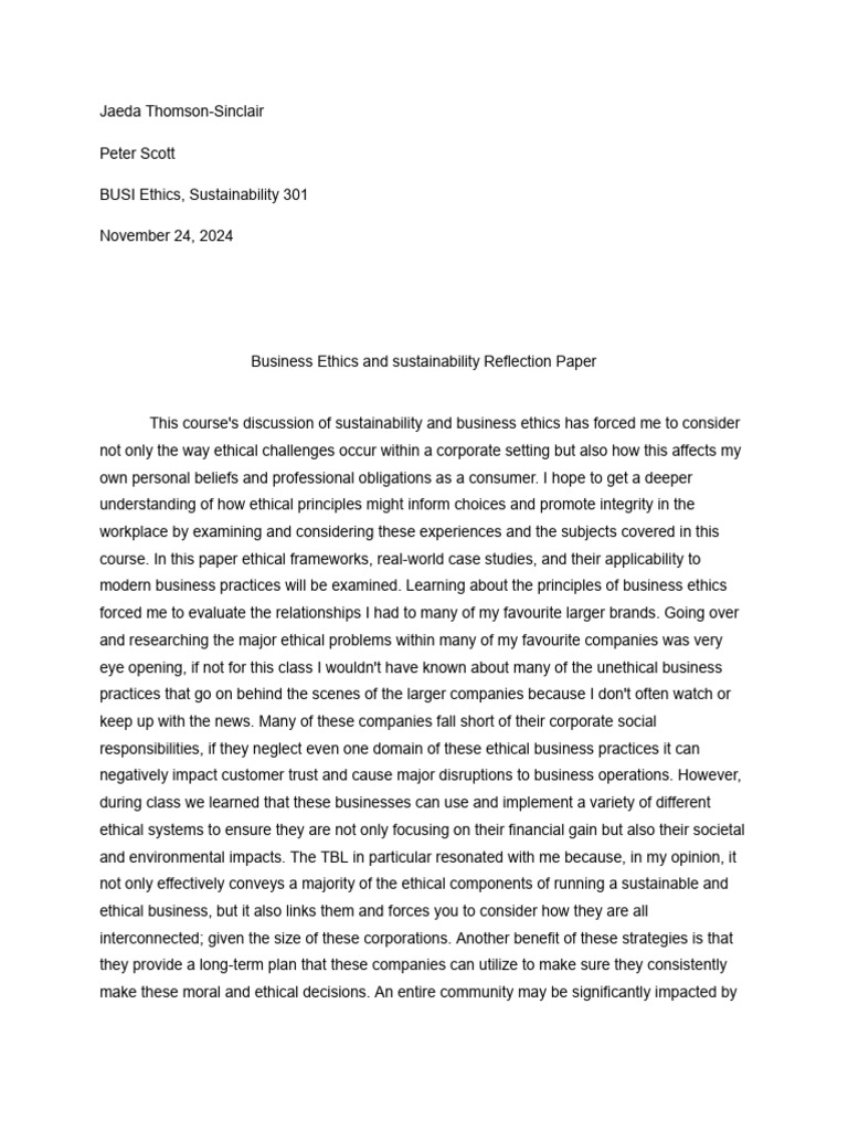 Business Ethics and Sustainability Reflection Paper | PDF | Business ...