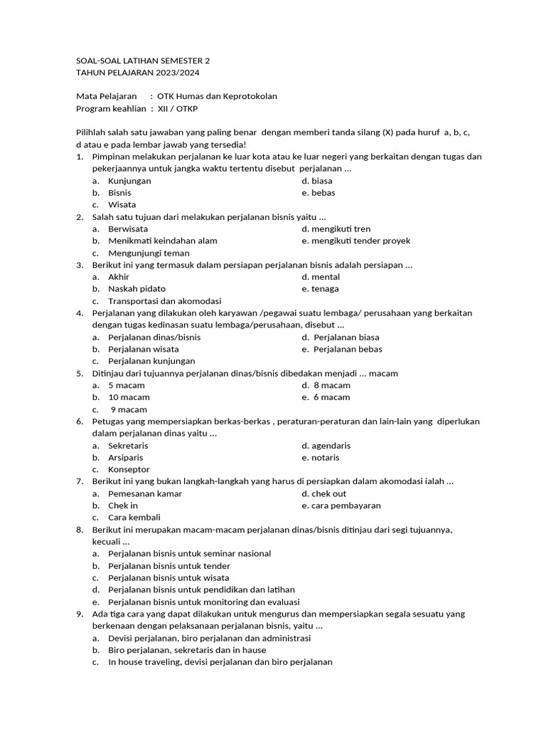 S0AL LATIHAN Sem 2 Mapel OTK Humas & Keprot Kls XII OTKP - 2023 - 2024 (Untuk Latihan Siswa) | PDF