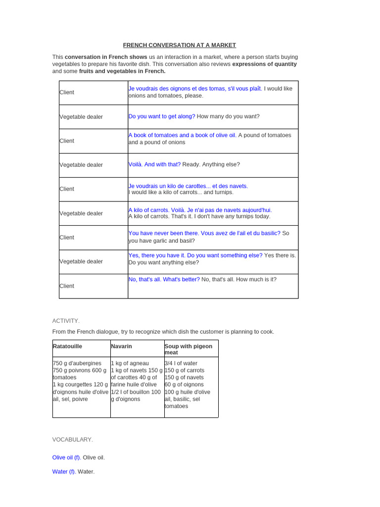 Conversation in French at A Market | PDF | Zucchini | Foods