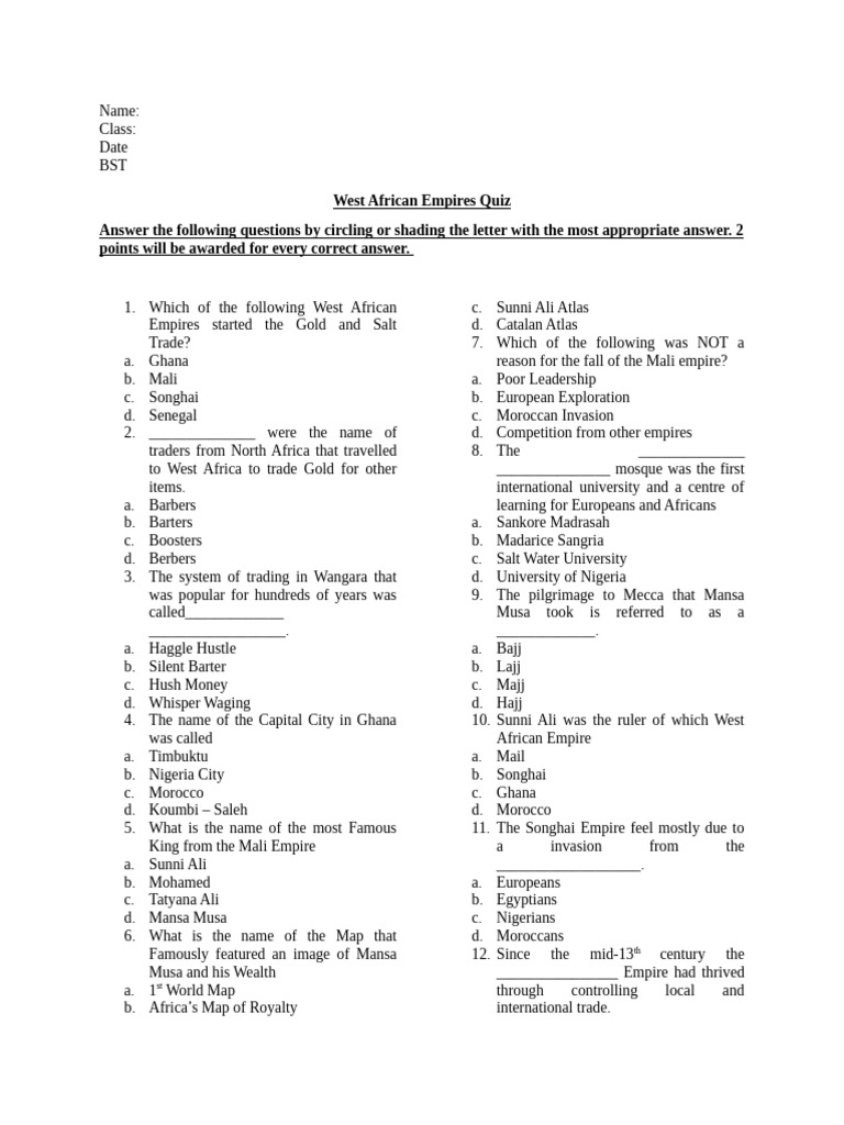 West African Empires Quiz | PDF | West Africa | Africa