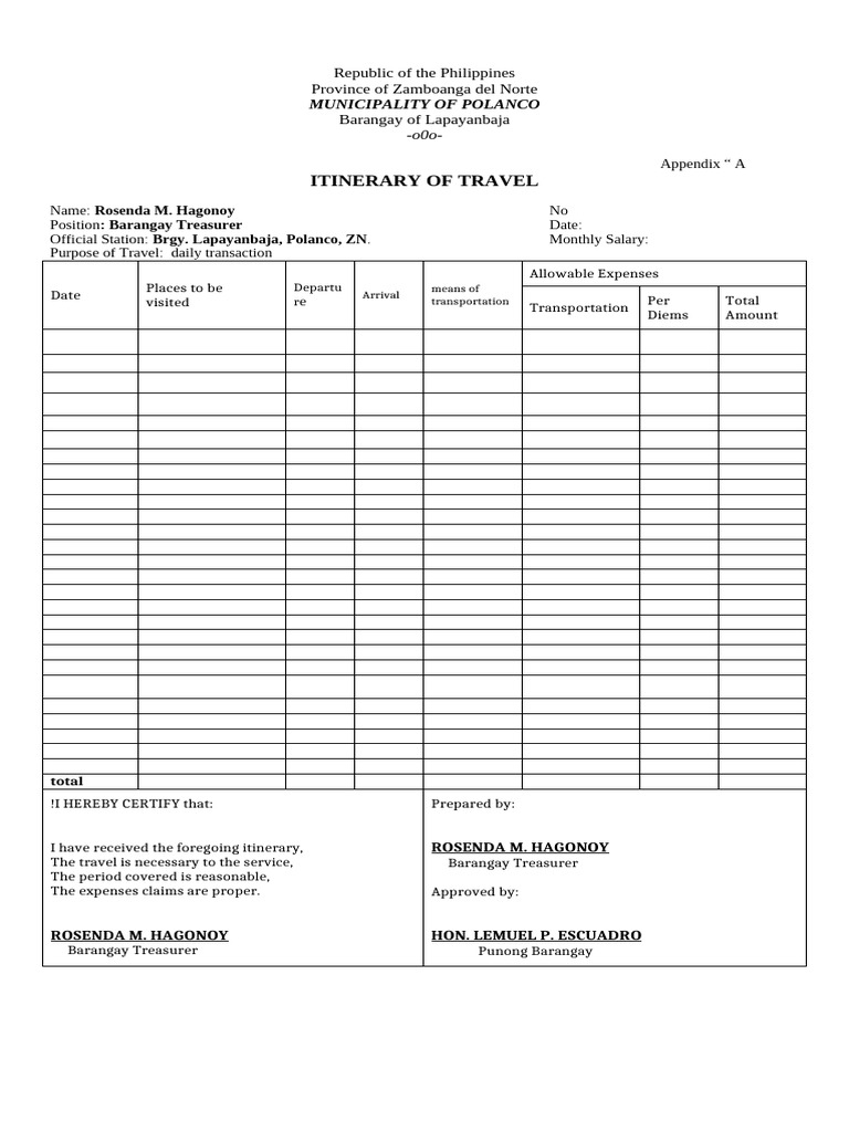Travel Itinerary for Barangay Treasurer | PDF