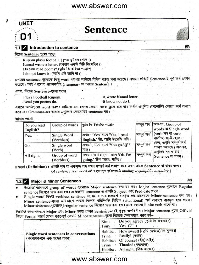 Unit 01 (Sentence) - Class 8 English 2nd Guide | PDF