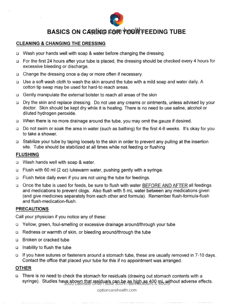 Basics On Caring For Your Feeding Tube - Option Care Handouts | PDF