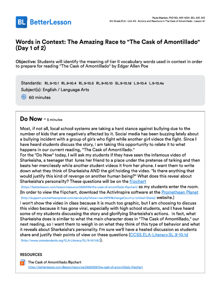 Words in Context The Amazing Race To The Cask of Amontillado (Day 1 of ...