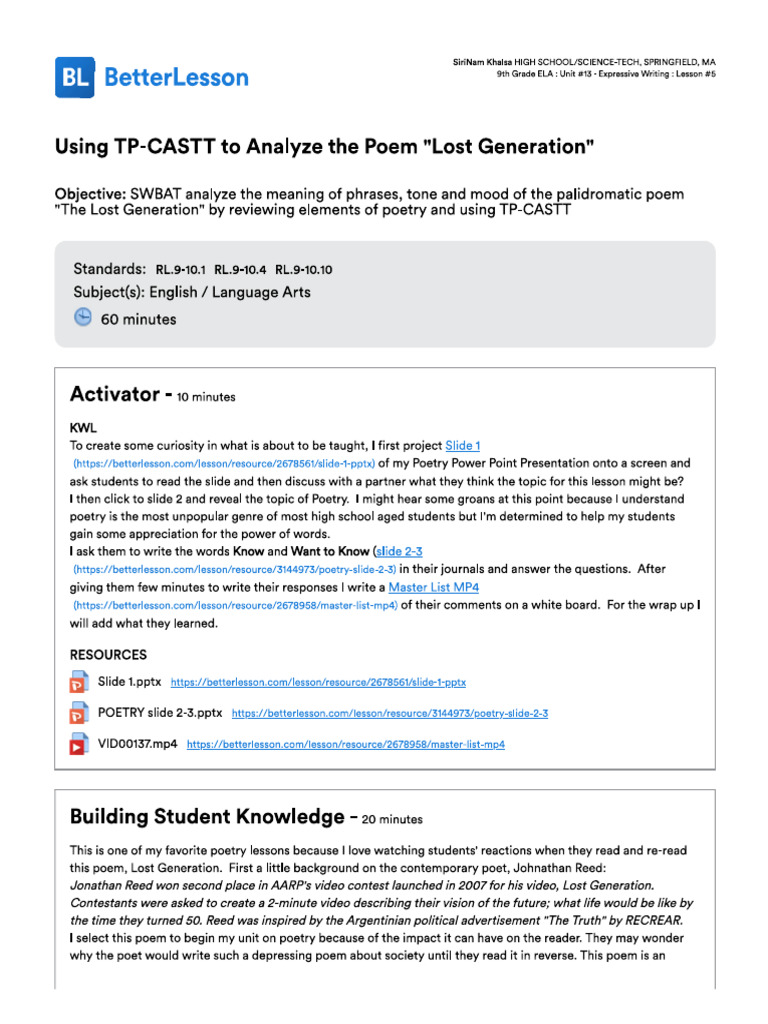 Using TPCASTT to Analyze the Poem Lost Generation | PDF
