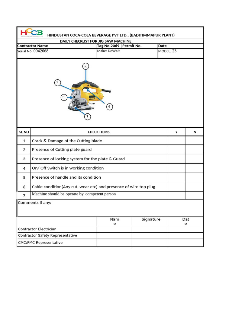 Daily Checklist for Jigsaw Machine | PDF