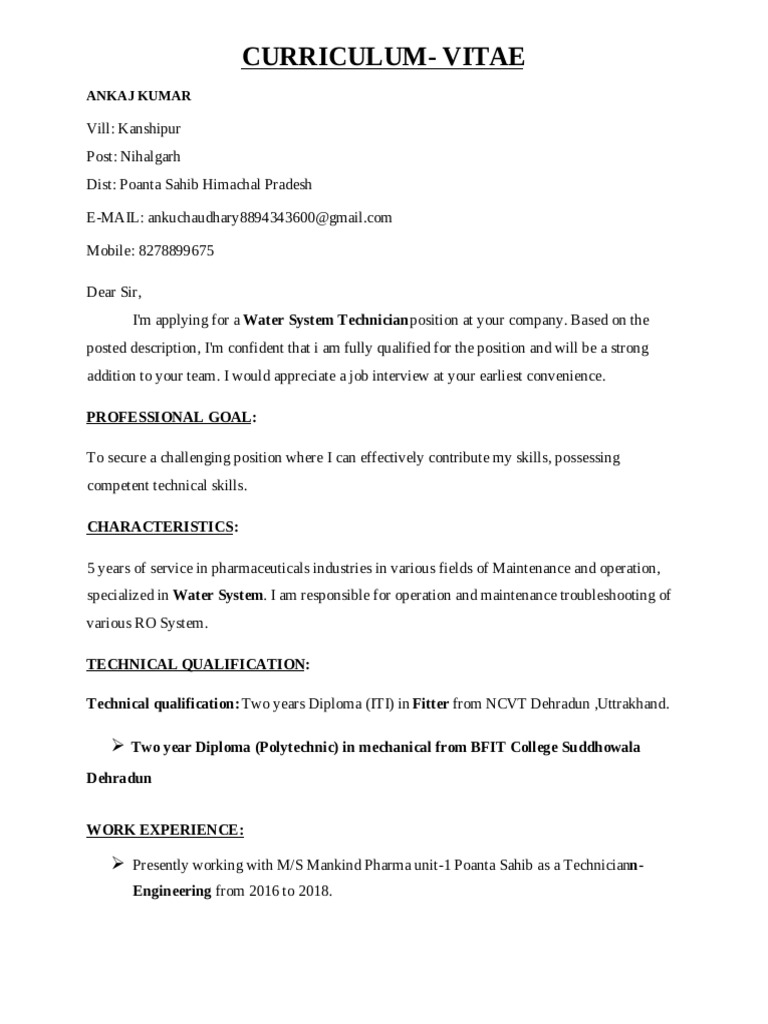 Water System Technician CV - Ankaj Kumar | PDF