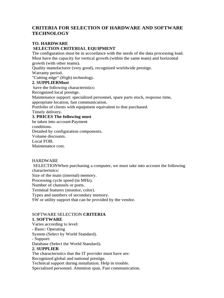 Criteria For Selecting Hardware and Software Technology | PDF ...
