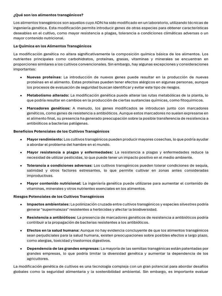 Alimentos Transgénicos: Beneficios y Riesgos | PDF | Comida ...