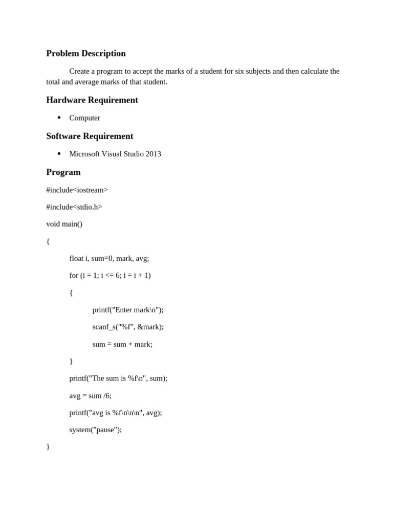 Student Marks Calculation Program | PDF
