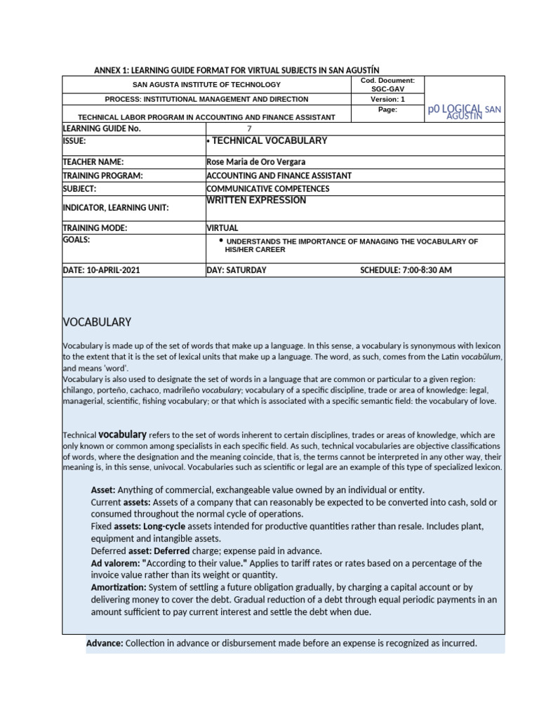 Technical Vocabulary Accounting and Finance | PDF | Debits And Credits ...