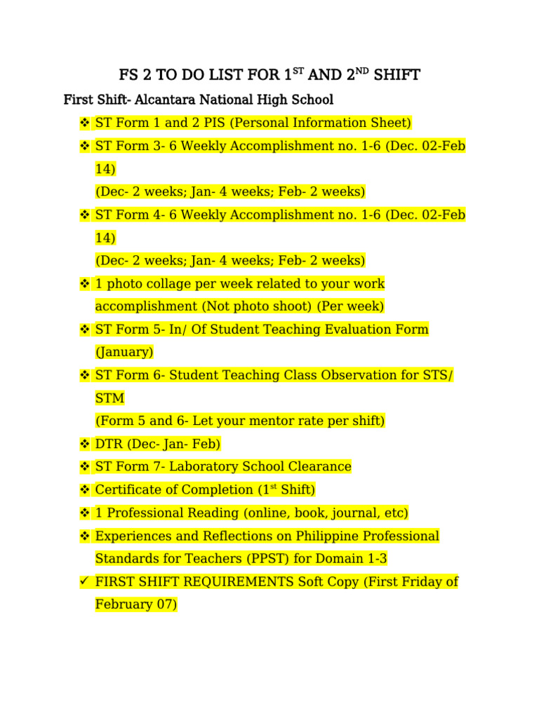 FS 2 TO DO LIST FOR 1ST AND 2ND SHIFT | PDF | Teachers | Learning