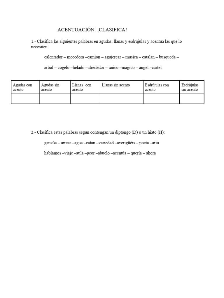 Ejercicios Acentuación Diptongos - Hiatos | PDF
