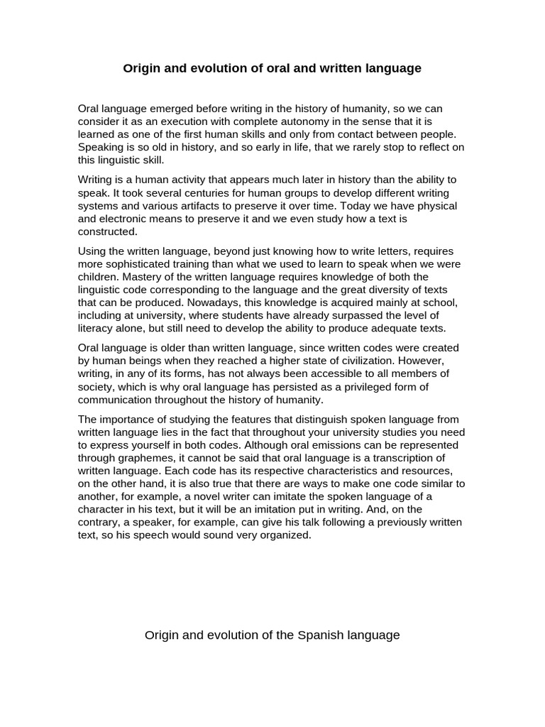 Origin and Evolution of The Spoken Language, Written Language, and The ...