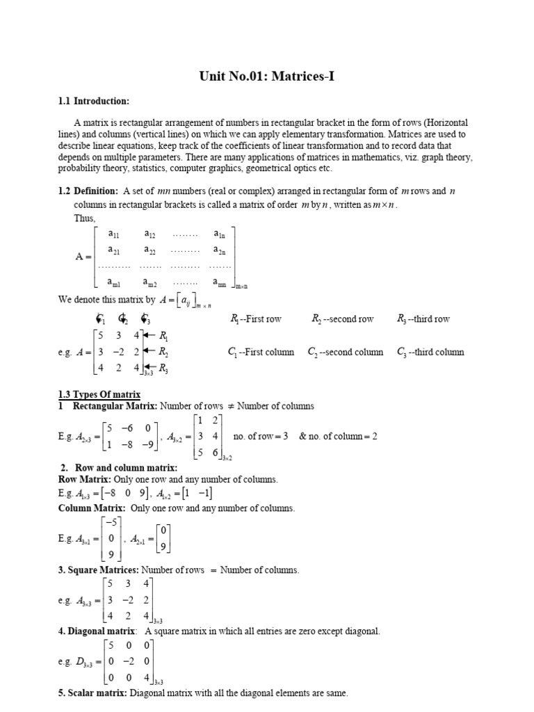 Unit No.01 - Matrices-I | PDF | Matrix (Mathematics) | Mathematical Analysis