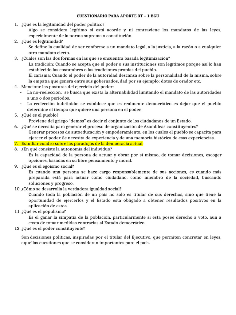 Cuestionario para Aporte 3t 1 Bgu | PDF | Democracia | Ideologías políticas