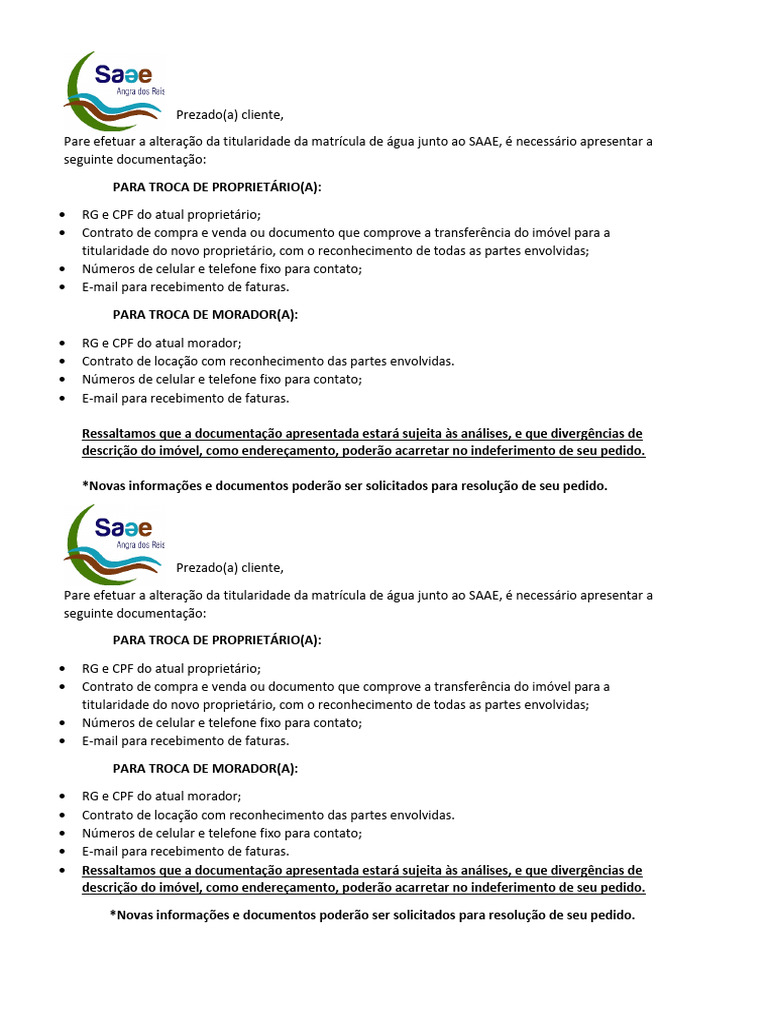 Documentos Troca De Titularidade Pdf