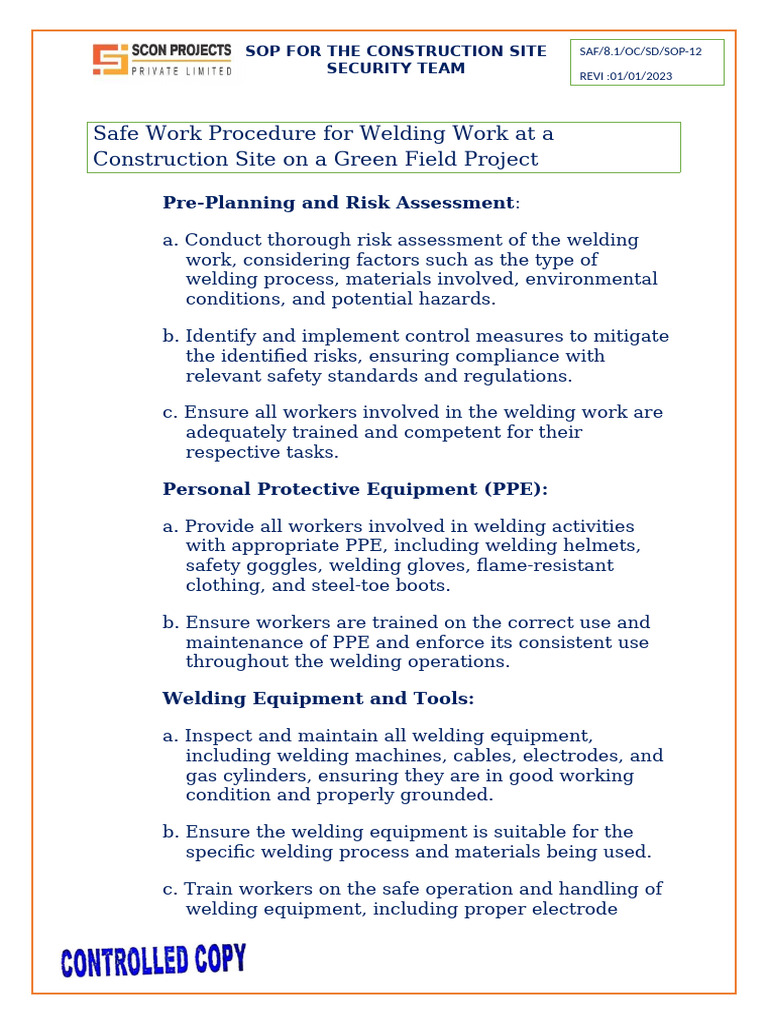 SOP For Welding Work at A Construction Site On A Green Field Project ...