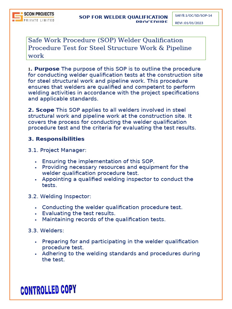 Welder Qualification SOP for Steel & Pipeline | PDF | Welding ...