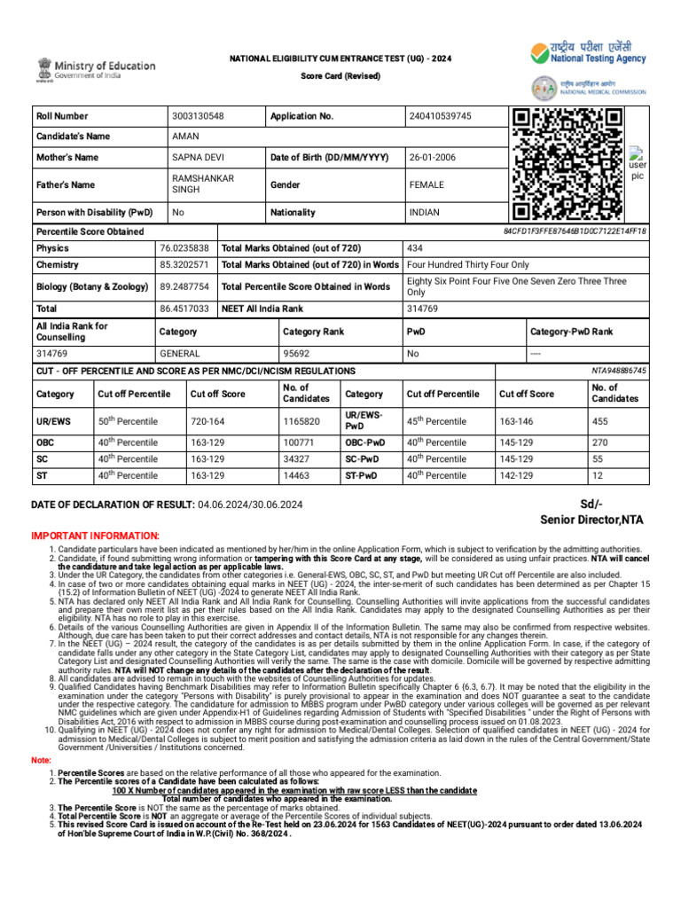 Neet - Ntaonline.in Frontend Web Revised-Scorecard Index | PDF ...