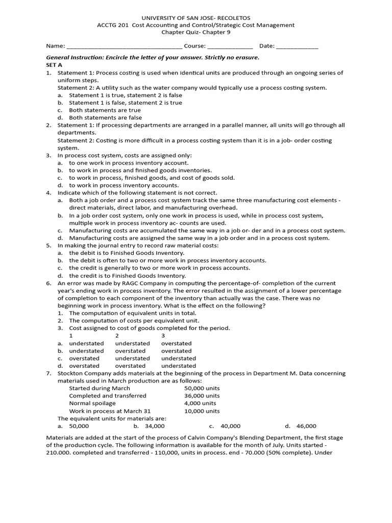 Cost Accounting Quiz: Chapter 9 | PDF | Cost Of Goods Sold | Income ...
