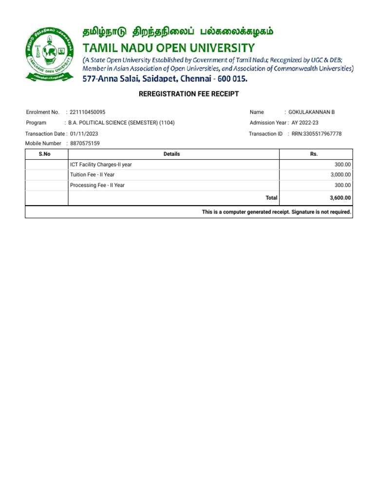 TNOU Fee Receipt Me | PDF