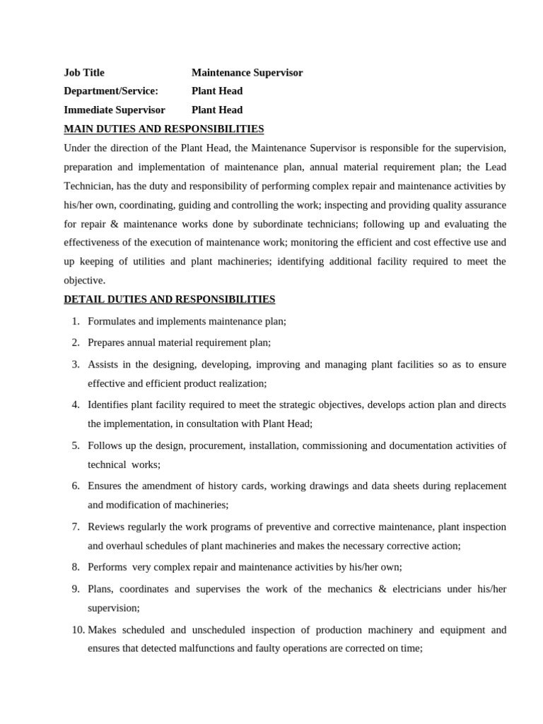 Maintenance Job Description | PDF
