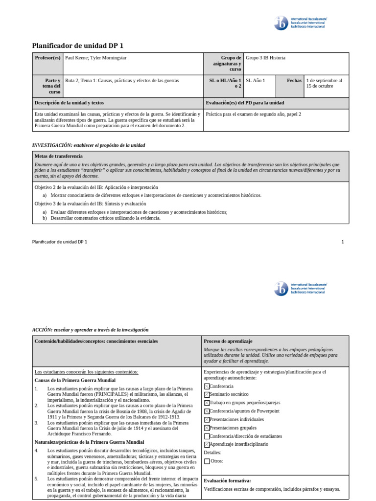 Ejemplo de Plan de Unidad de Historia Utilizando El Planificador 1 ...