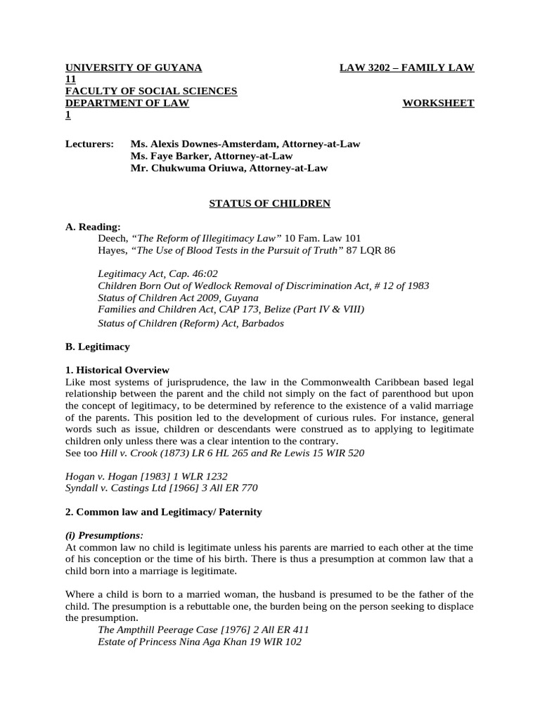 Worksheet #1 - Status of Children | PDF | Legitimacy (Family Law ...