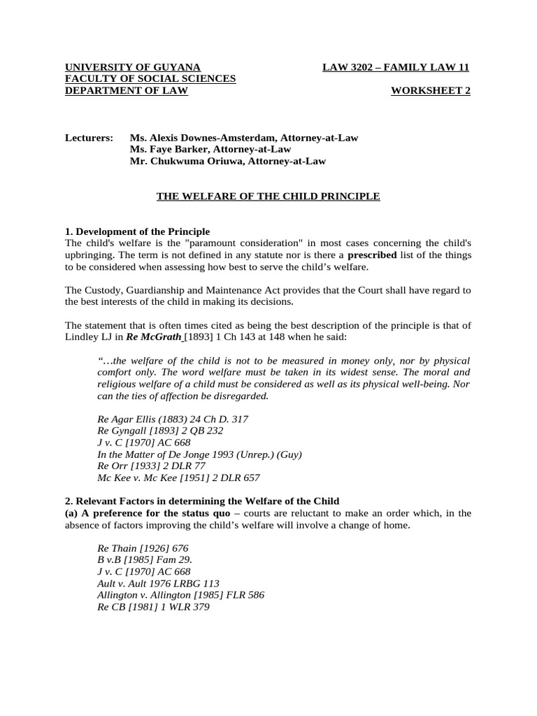 Worksheet #2 - The Welfare of The Child Principle | PDF | Child Custody ...
