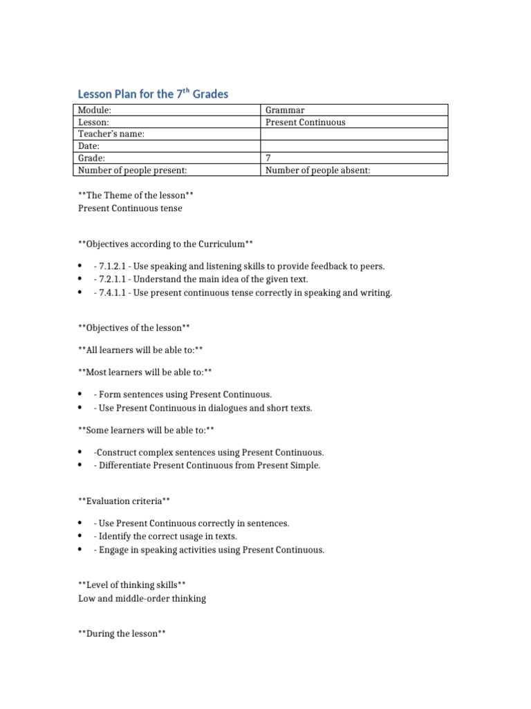 Present Continuous Lesson Plan | PDF | Lesson Plan | Teachers