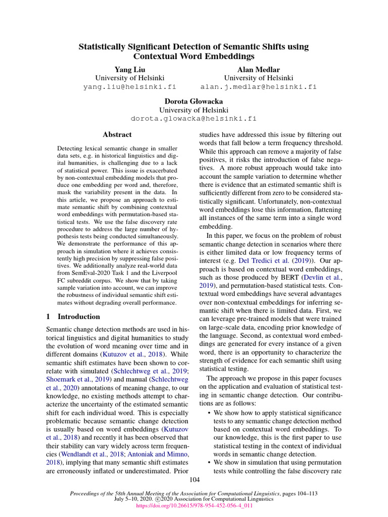 Statistically Significant Detection of Semantic Shifts Using Contextual Word Embeddings | PDF ...