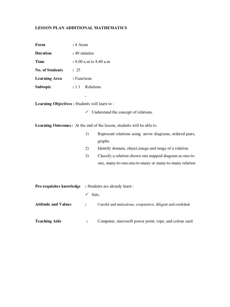 Lesson Plan Additional Mathematics | PDF | Lesson Plan | Function ...