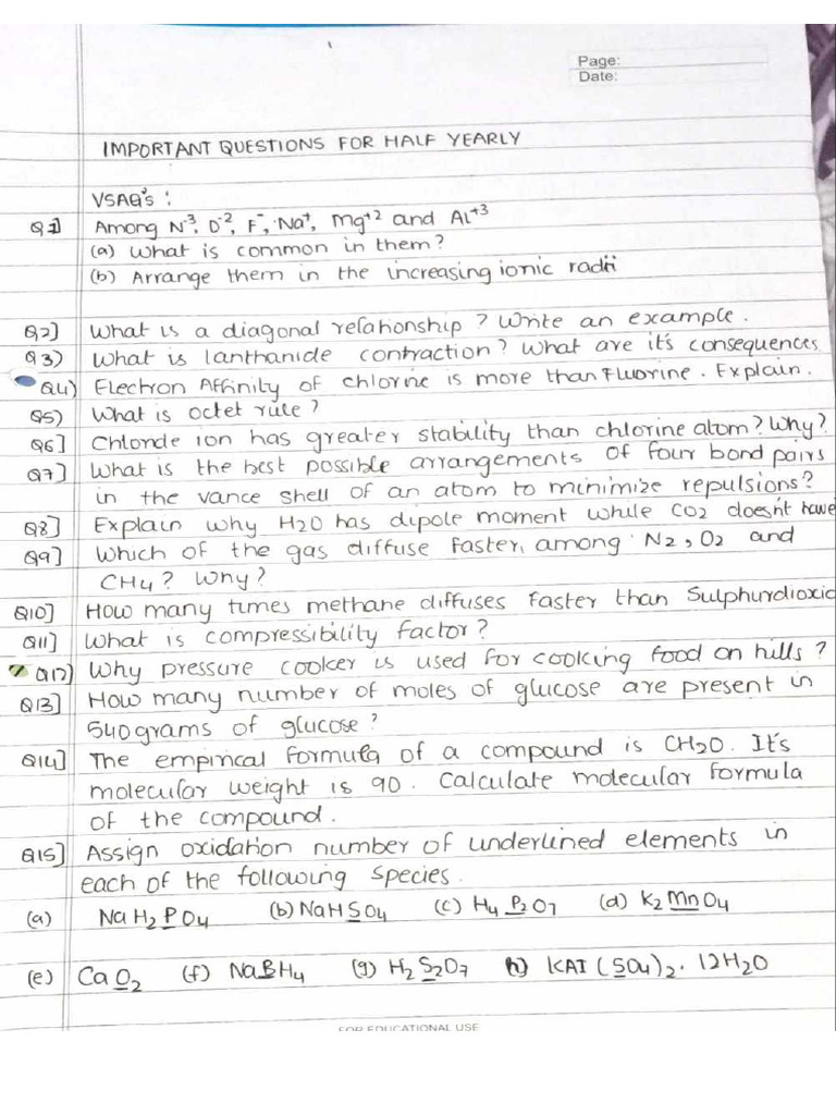 1st Year Chemistry Half Yearly Important Questions | PDF