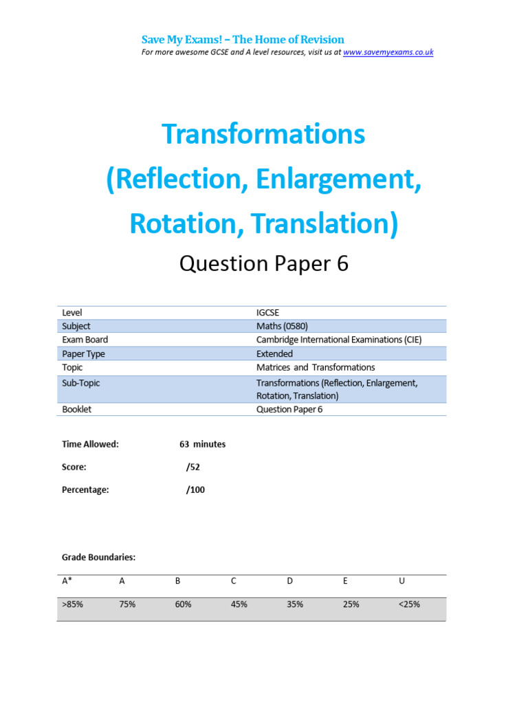 72.6 Transformations - Cie Igcse Maths 0580-Ext Theory-Qp Updated | PDF ...