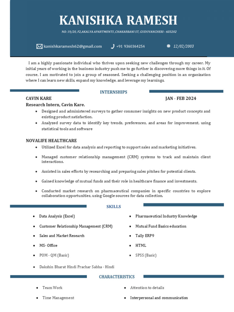 kanishka R Resume | PDF | Customer Relationship Management | Marketing Research